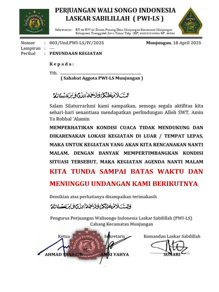 Penundaan Undangan PWI LS Ngobrol Koordinasi | PDF