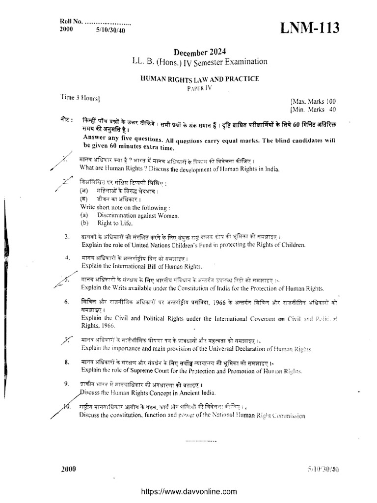 LLB 4 Sem Human Rights Law and Practice LNM 113 Dec 2024 | PDF