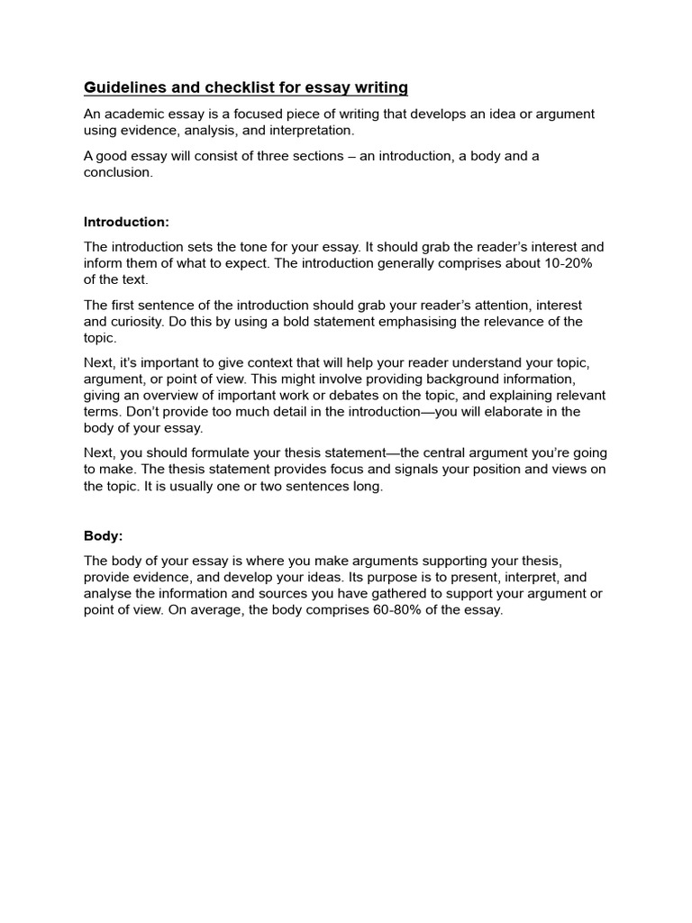 Essay Guidelines and Checklist | PDF | Essays | Argument