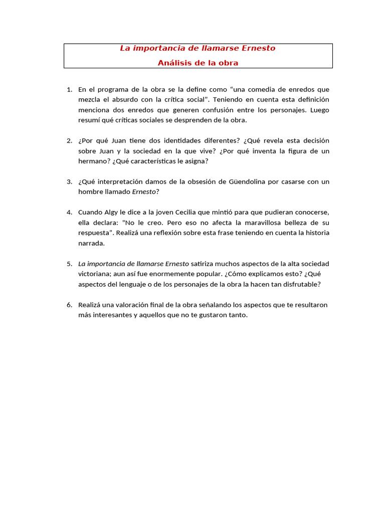La Importancia de Llamarse Ernesto. TP | PDF