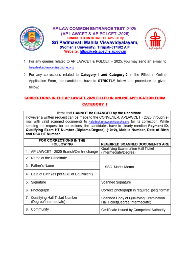 AP LAWCET 2025 Application Corrections Guide | PDF