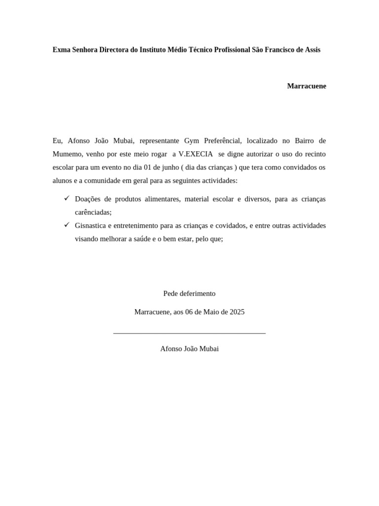 Exma Senhora Directora Do Instituto Médio Técnico Profissional São ...