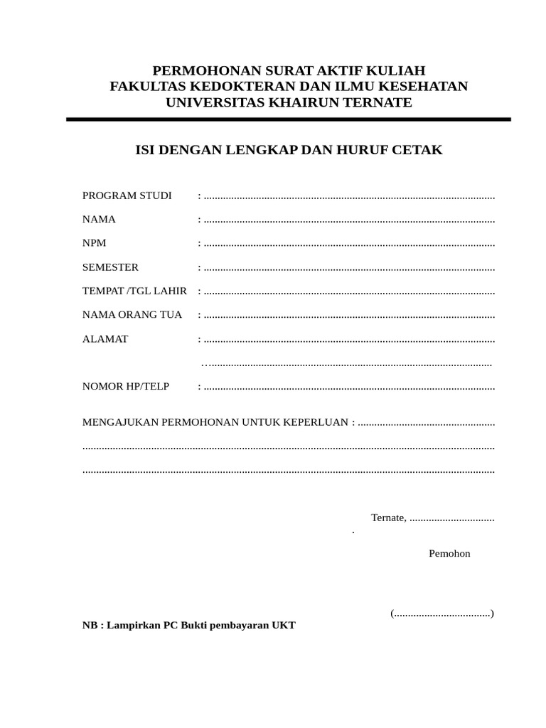 Formulir Permohonan Aktif Kuliah | PDF