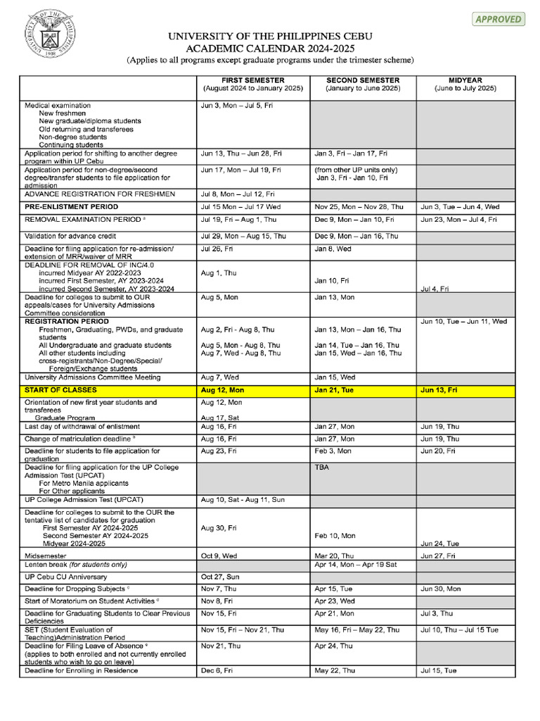 2024 Academic Calendar For Website Semestral | PDF