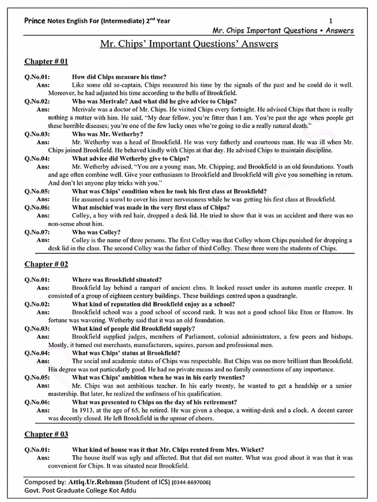 Mr. CHips' Important Questions's Ans (Chapterwise) PDF | PDF