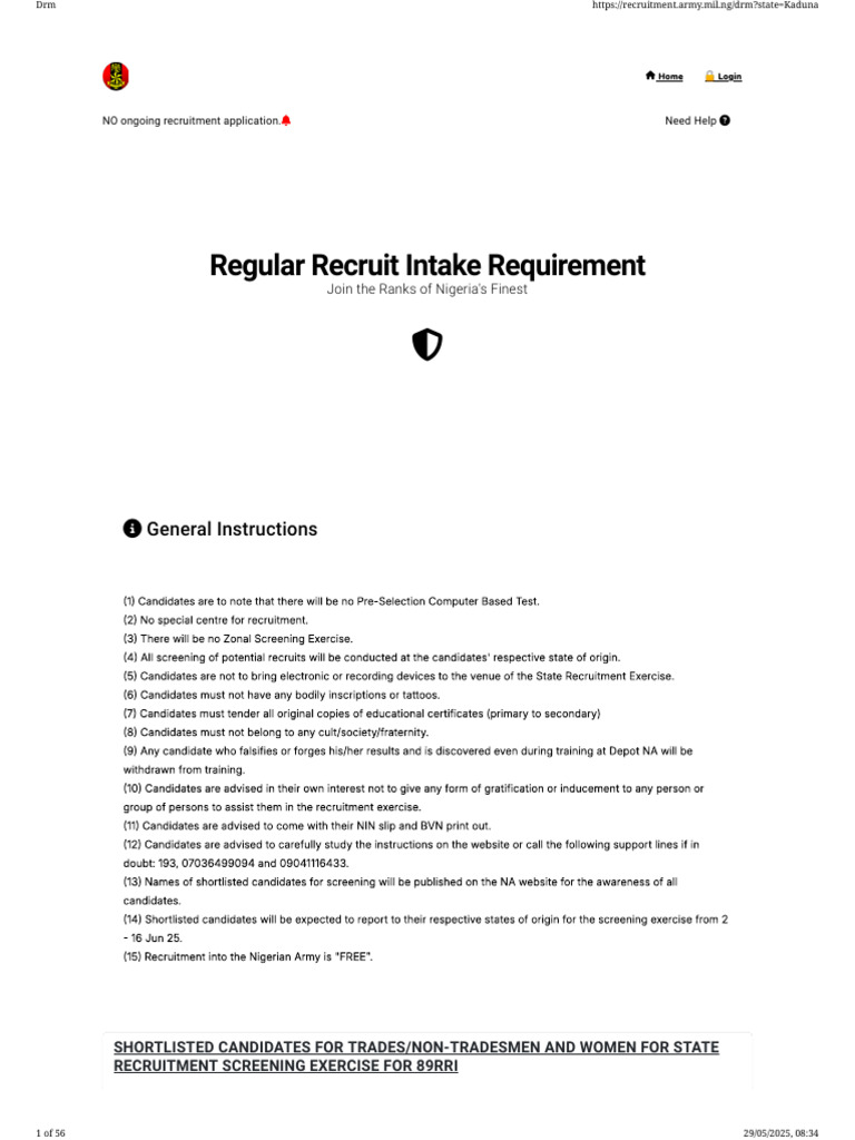 Regular Recruit Intake Requirement: General Instructions | PDF