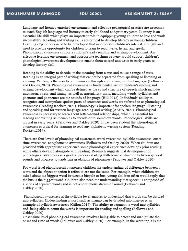 Assignment 2 - Phonological Awareness | PDF | Syllable | Literacy