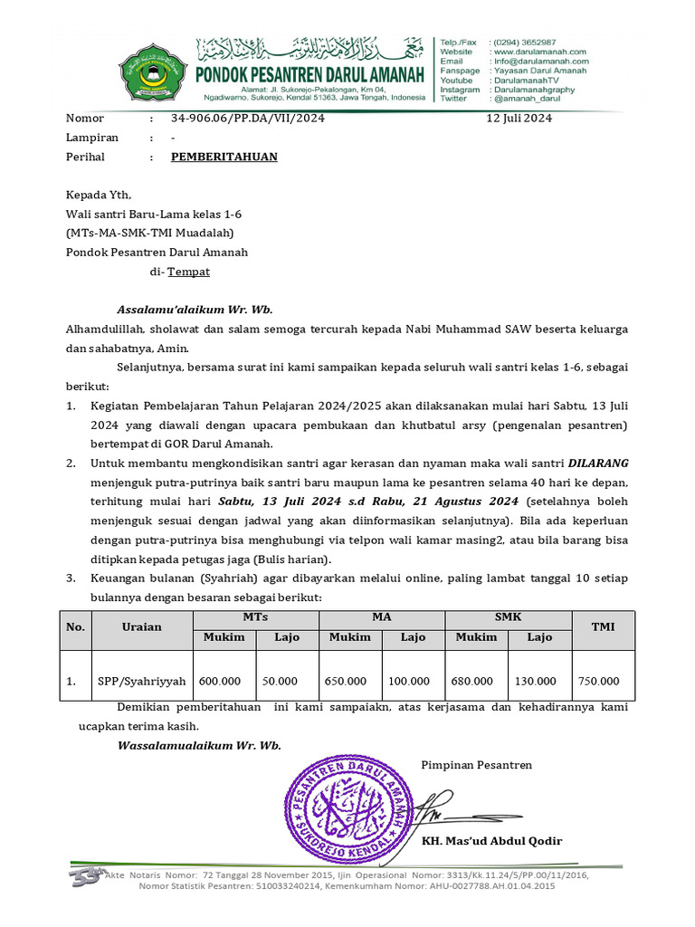 Surat Pemberitahuan Santri | PDF