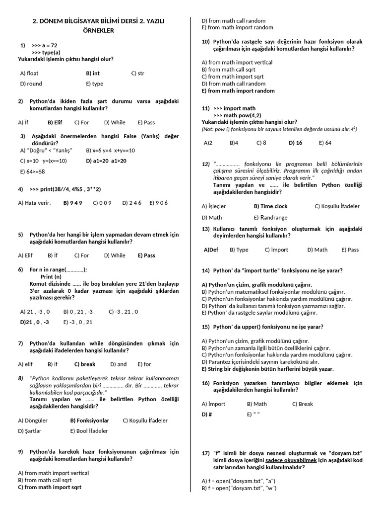 Lise Bilgisayar Bilimi Dersi 2. Donem 2. Sinav Sorulari Ornek 3 | PDF