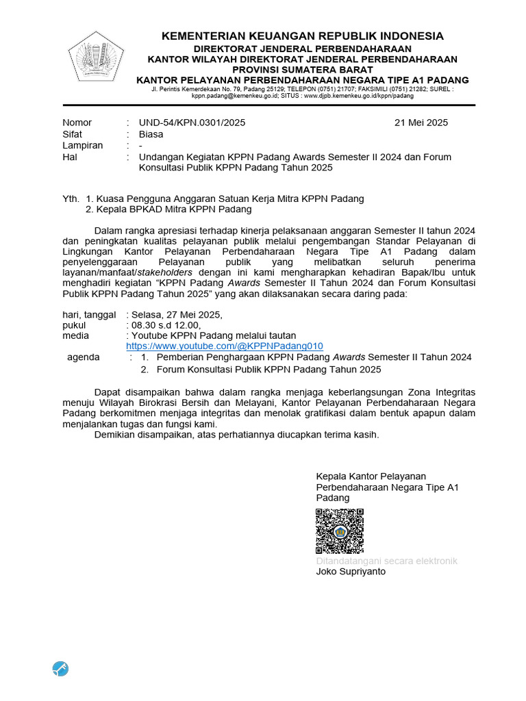 Undangan Kegiatan KPPN Padang Awards Semester II 2024 Dan Forum ...