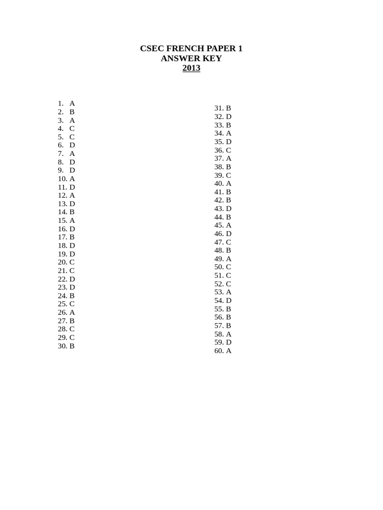 CSEC French Paper 1 Answer Keys | PDF