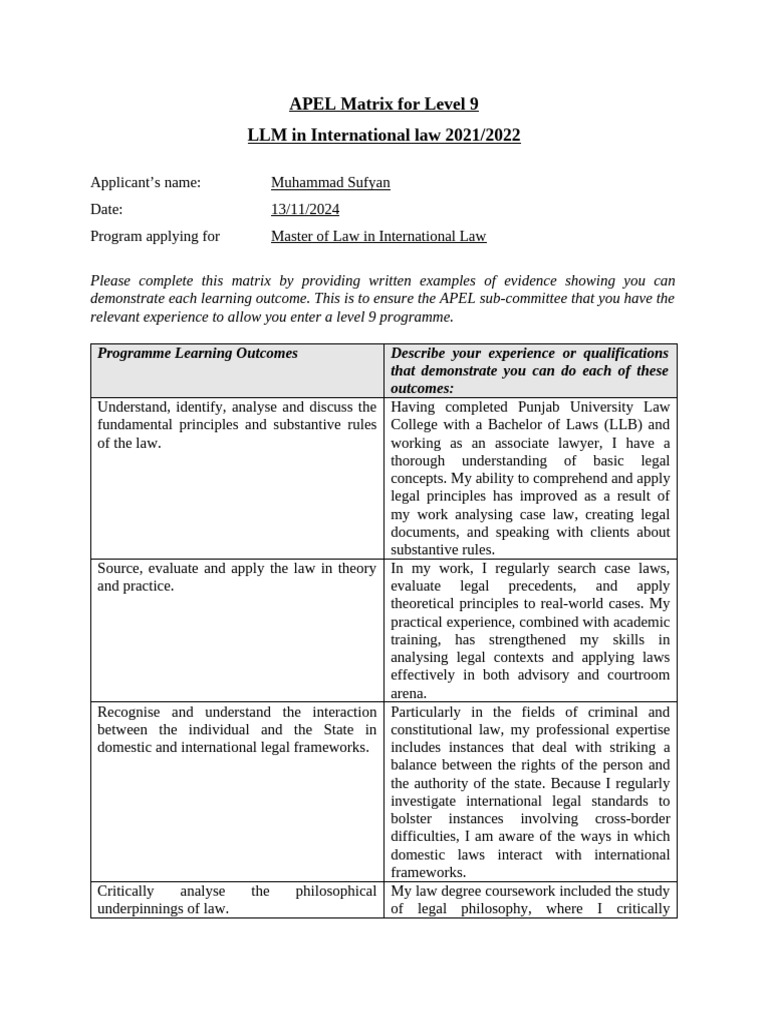LLM - APEL Matrix For Level 9 - Sufyan - Docx Updated | PDF | Critical ...