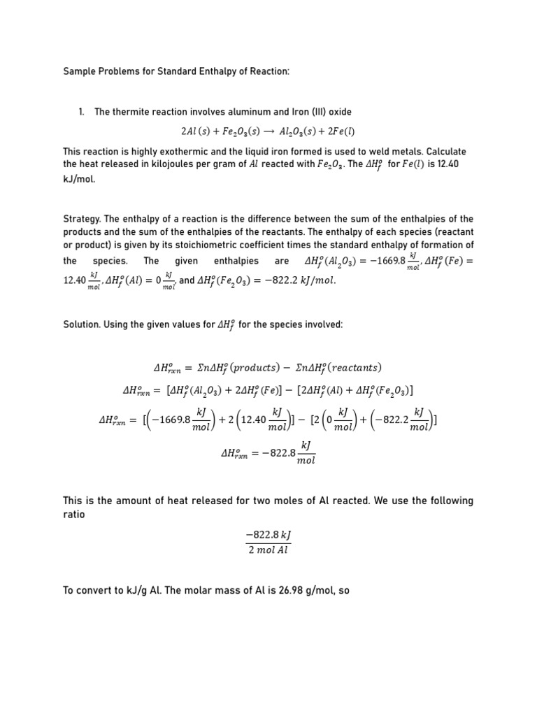 Sample Problems in Standard Enthalpy of Reaction | PDF