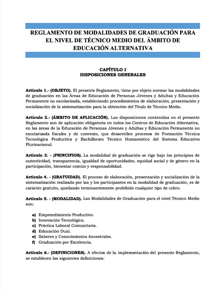 PDF Reglamento de Modalidades de Graduacion para El Nivel de Tecnico Medio Del Ambito de ...