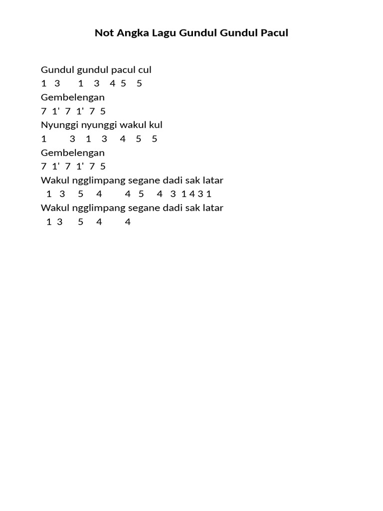 Not Angka Lagu Gundul Gundul Pacul | PDF
