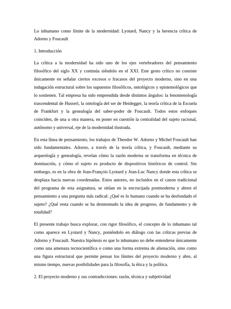 Trabajo FINAL Lo Inhumano | PDF | Jean François Lyotard | Michel Foucault
