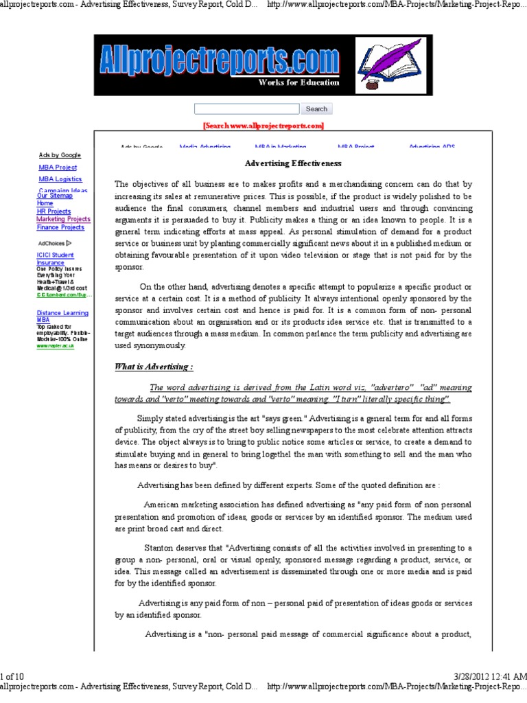 Media Advertising MBA in Marketing MBA Project Advertising ADS | PDF ...