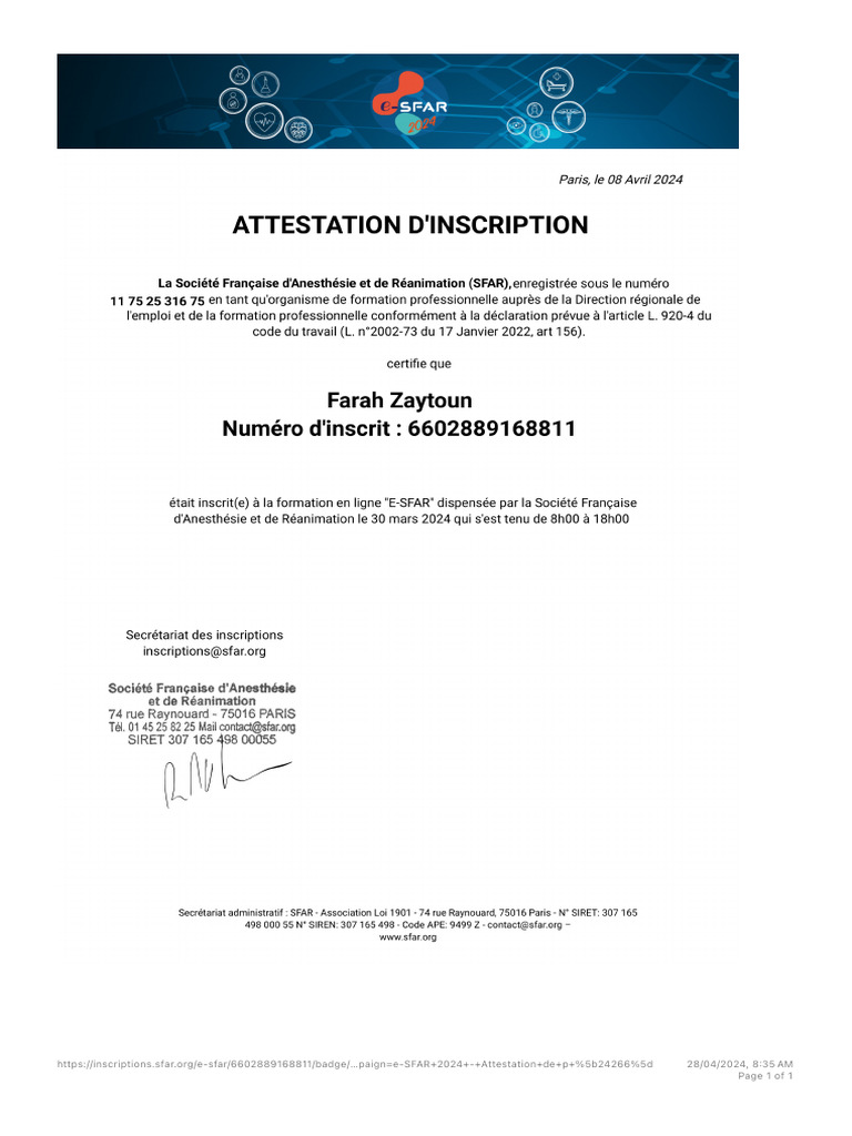 e-SFAR 2024 Badge Attestation Guide | PDF