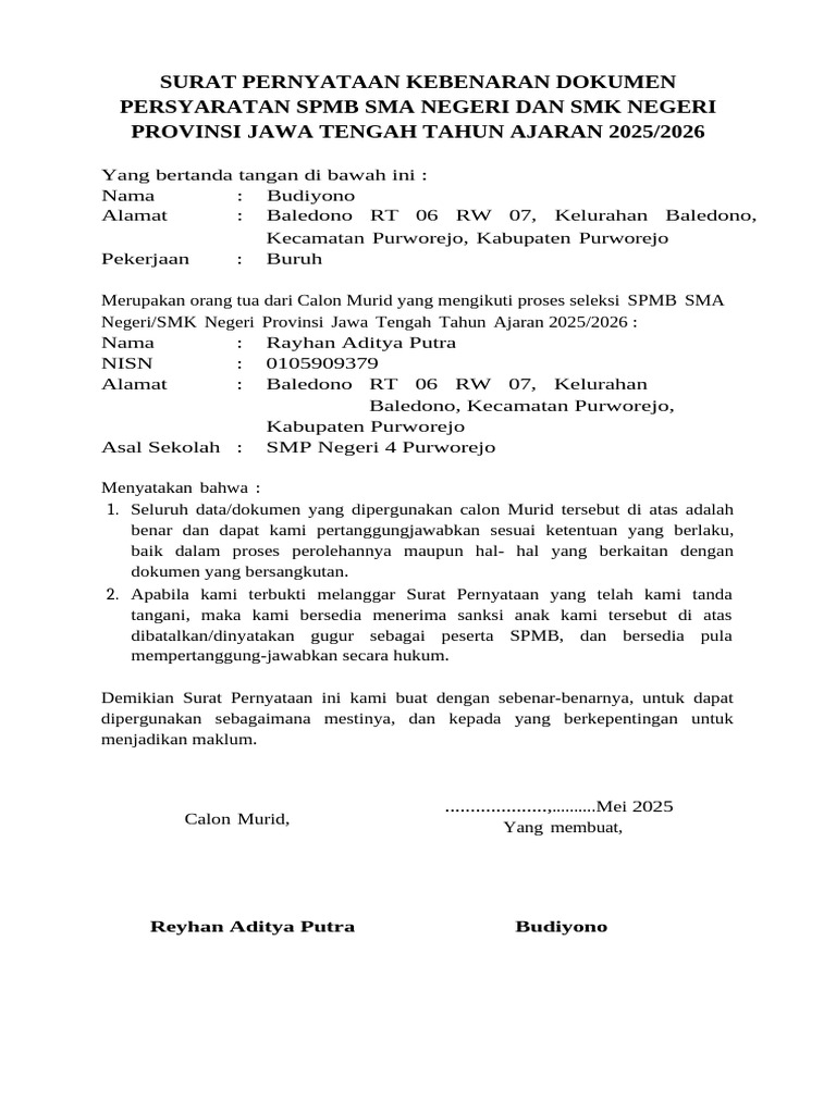 Surat Pernyataan Kebenaran Dokumen Reyhan Aditya Putra | PDF