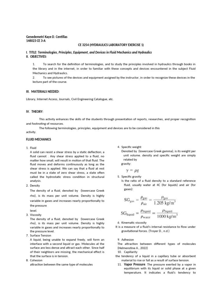 Ce 3254 Lab Exercise 1 Centillas | PDF | Fluid Dynamics | Reynolds Number