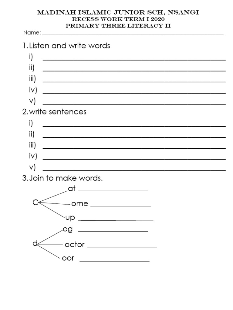 Primary Three Literacy II Recess Work | PDF
