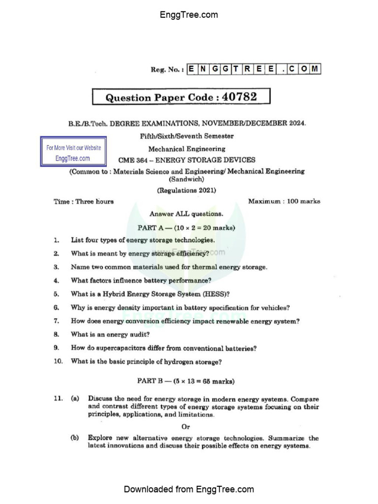CME364 Energy Storage Devices Nov Dec 2024 Question Paper Download | PDF