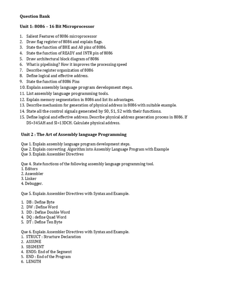 MIC Unit Wise Question Bank (LNK) | PDF | Assembly Language | Computing