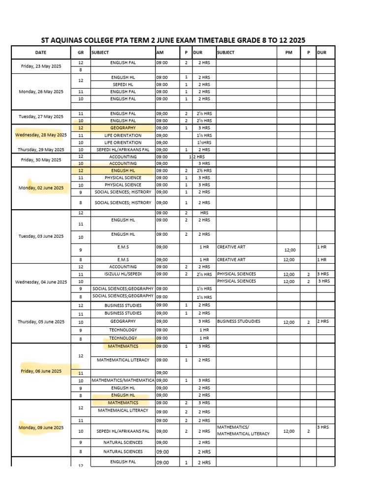 2025 Mid Year Exam Timetable | PDF