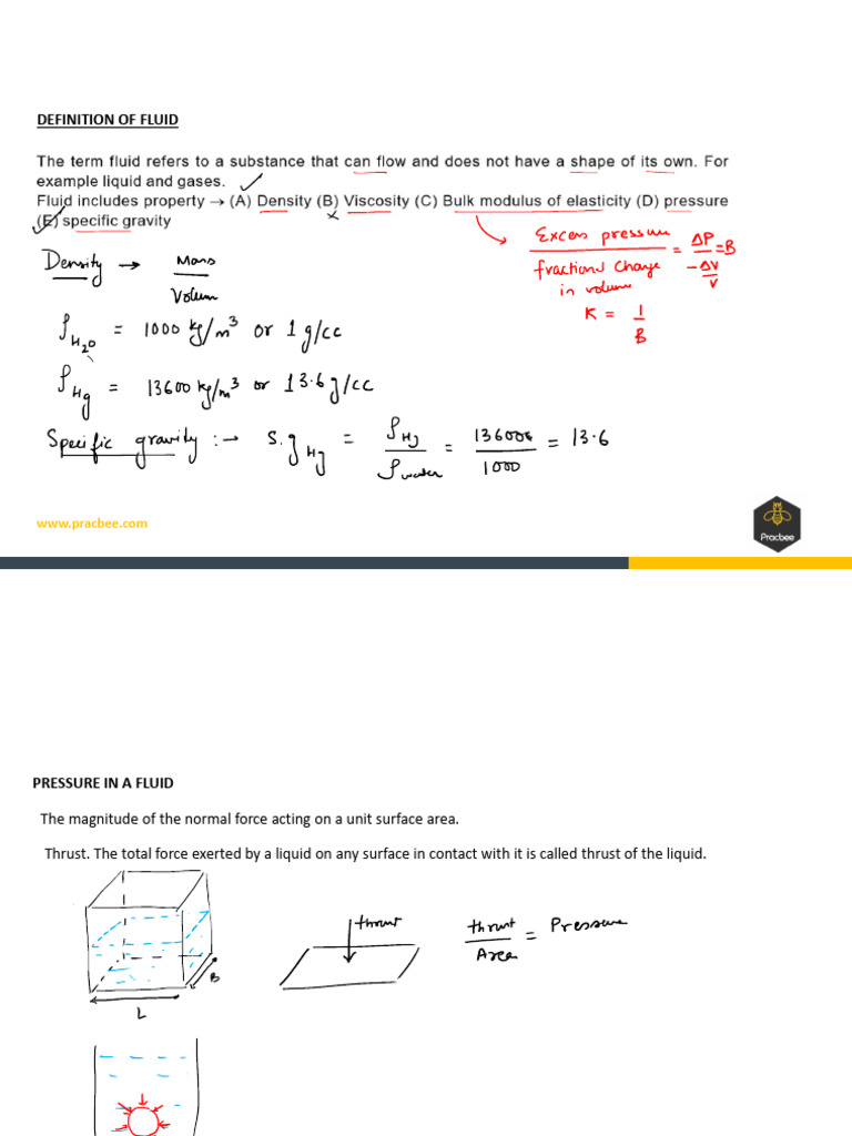 Fluid Mechanics JEE Notes Summary | PDF | Pressure | Liquids
