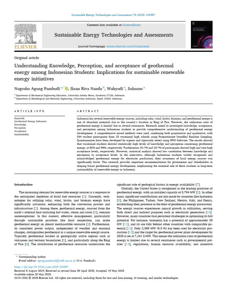 Understanding Knowledge, Perception, and Acceptance of Geothermal Energy Among Indonesian ...