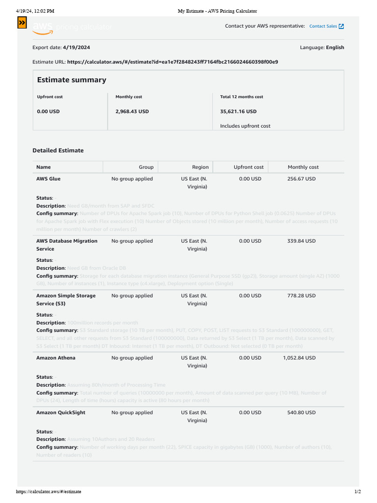 DataLake Estimate - AWS Pricing Calculator | PDF | Amazon Web Services ...