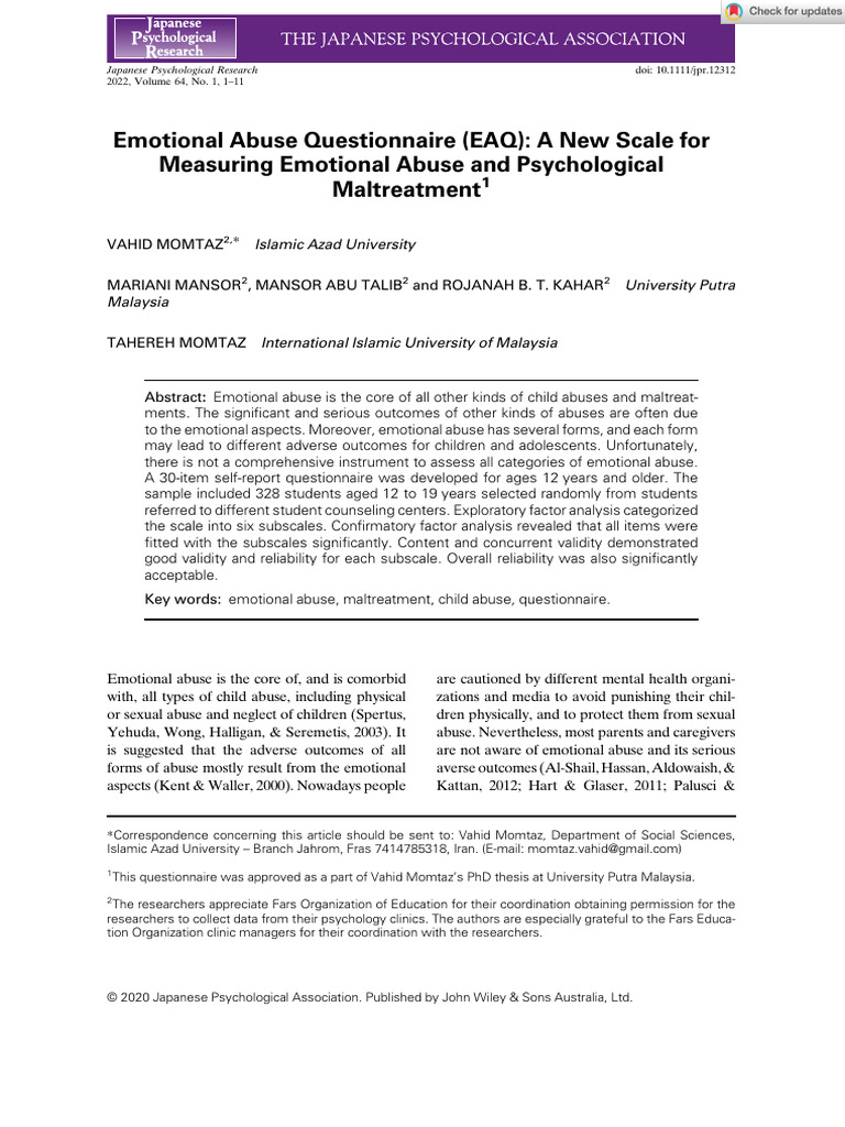JPN Psychol Res - 2020 - Momtaz - Emotional Abuse Questionnaire EAQ A ...