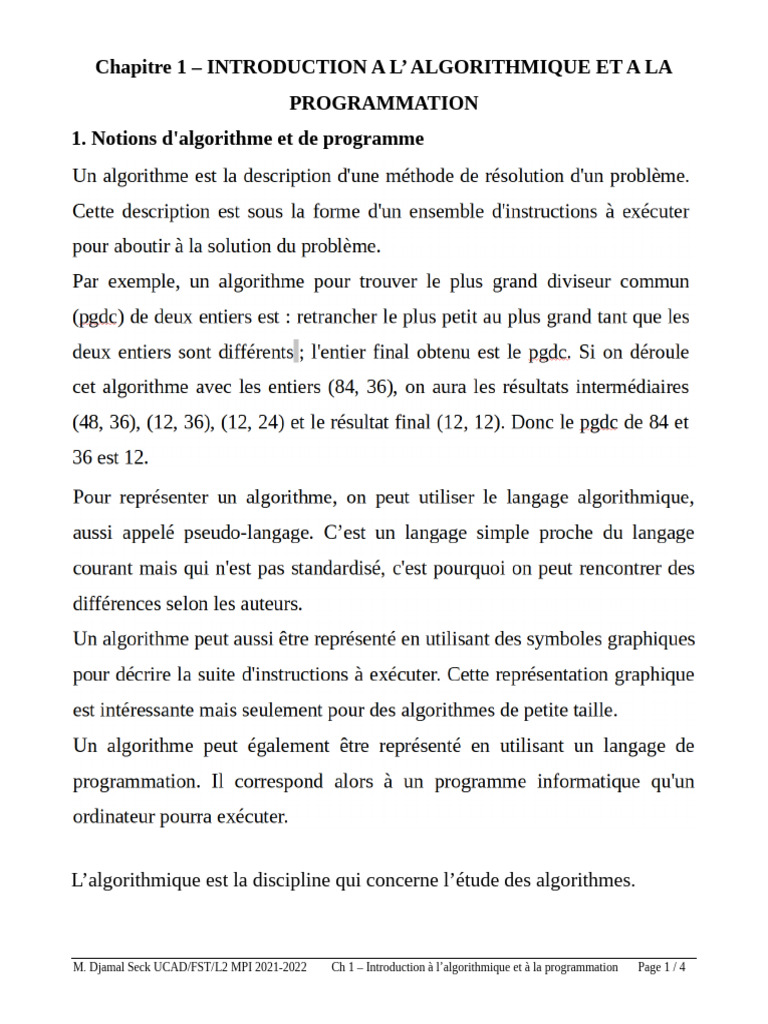 Chapitre 1 Introduction à l'algorithmique et à la programmation | PDF ...