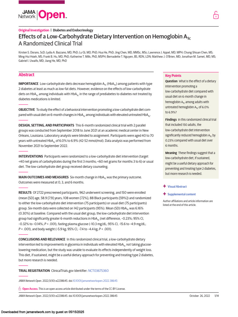 Effects of a Low-Carbohydrate Dietary Intervention on Hemoglobin A1c | PDF | Glycated Hemoglobin ...