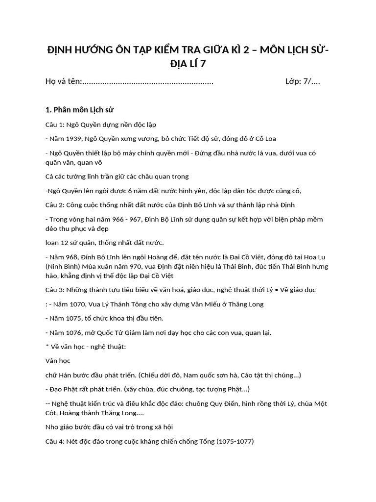 Định Hướng Ôn Tập Kiểm Tra Giữa Kì 2 Lsdl | PDF