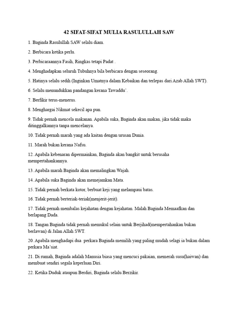 42 Sifat Mulia Rasulullah SAW | PDF