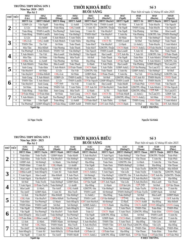 TKB Buoi Sang Toan Truong Hk2 (Ban 3) TH 12.5.2025 (k12 On TN THPT) | PDF