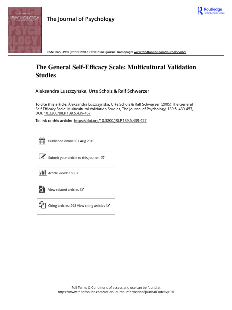 The General Self-Efficacy Scale Multicultural Validation Studies | PDF ...