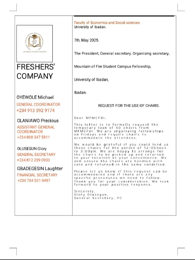 Letter For The Request of Use of Chairs | PDF