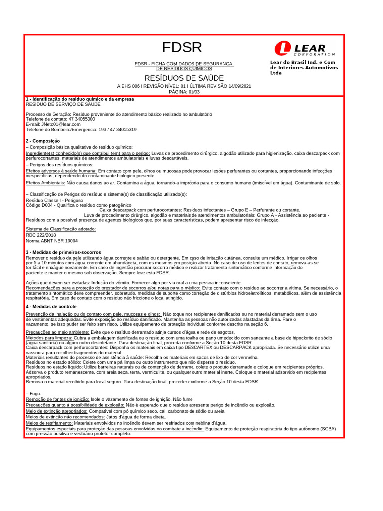 A EHS 006 - Ficha Com Dados de Segurança de Resíduos Químicos - FDSR ...
