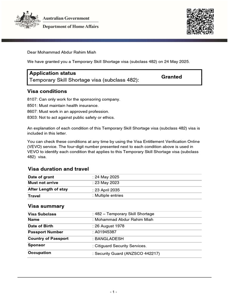 A01945387 Mohammad Abdur Rahim Miah Australia E-Visa | PDF | Travel Visa | Employment