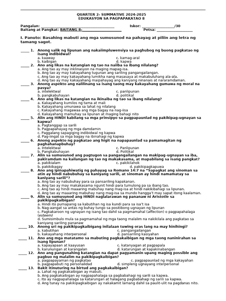 Summative Esp8 Q2 2024 2025 | PDF