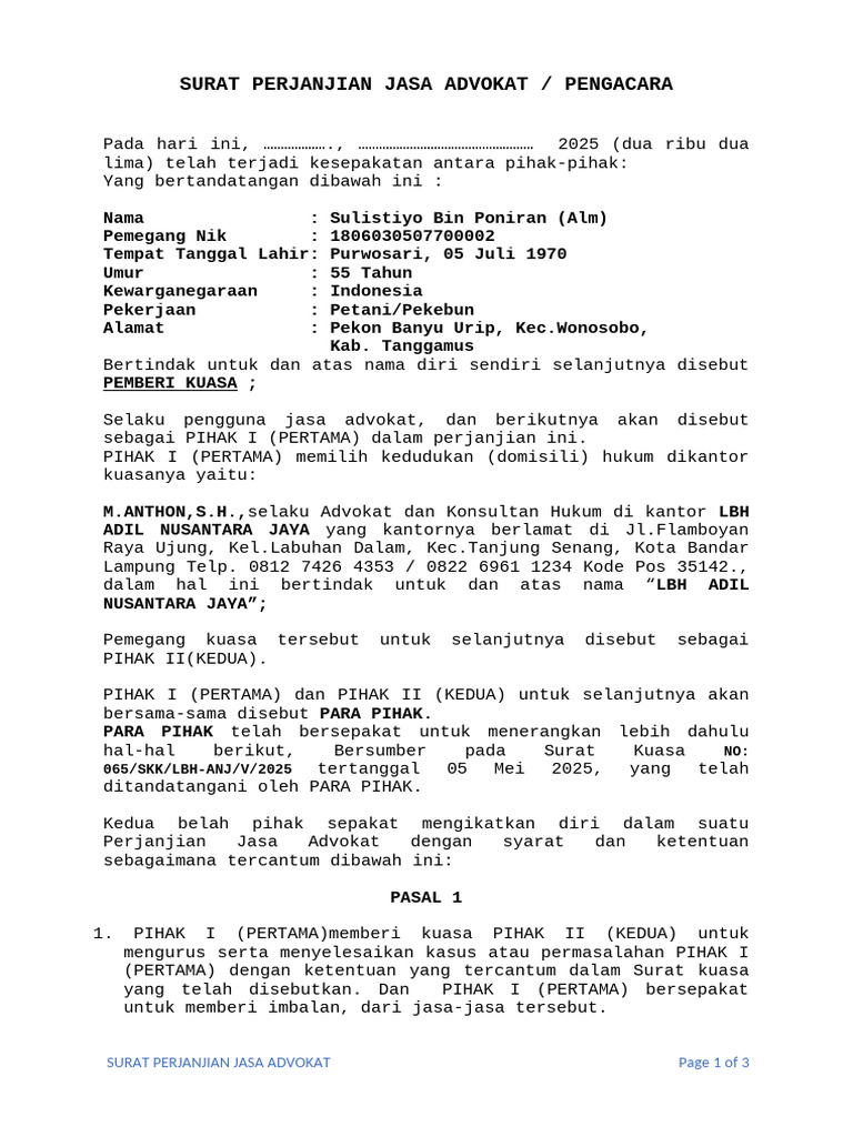 Surat Perjanjian Kontrak Lbh Adil Nusantara | PDF