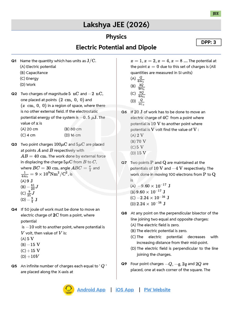 Electric Potential and Dipole - DPP 03 (Of Lec 05) - Lakshya JEE 2026 | PDF | Physical ...