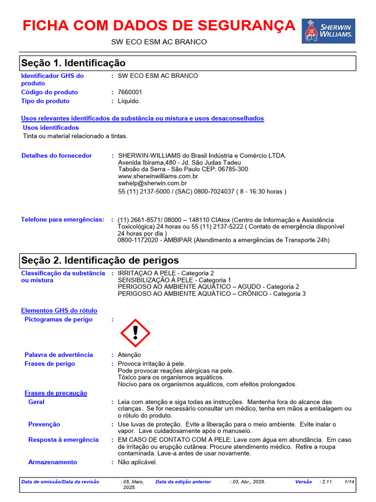 FDS - Tinta Esmalte Base Água - Branco - Sherwin Williams | PDF | Desperdício | Águas residuais