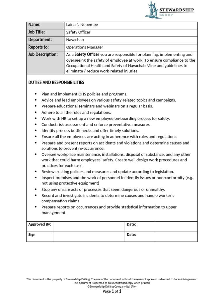 Safety Officer Job Description and Duties | PDF | Occupational Safety ...
