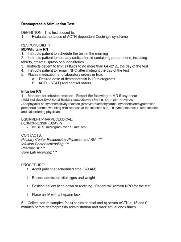 Cushing's Localization Testing. Desmopressin Stimulation Test Protocol ...