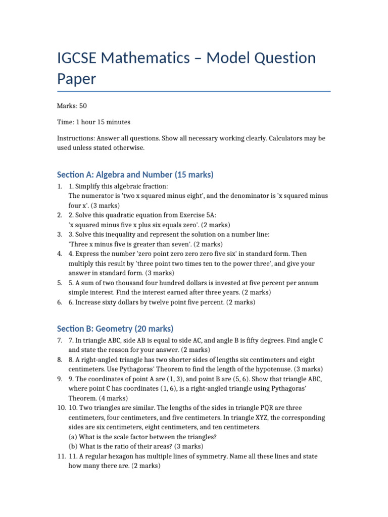 IGCSE Model Question Paper | PDF | Triangle | Geometry