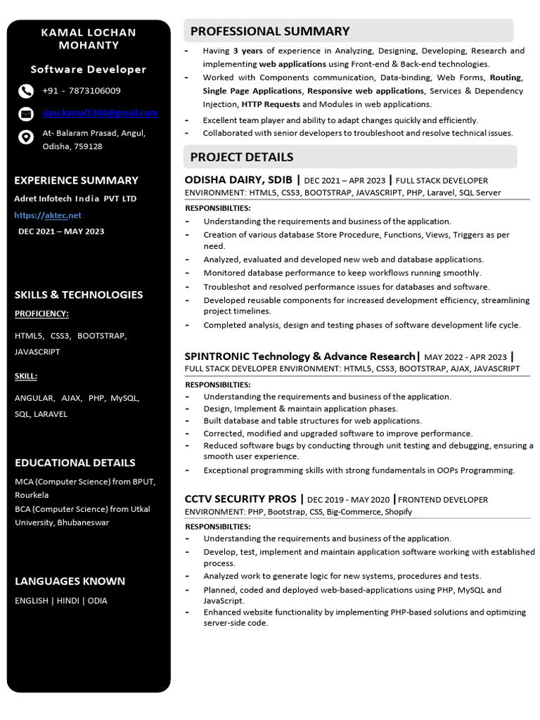 Full Stack Developer Experience Summary | PDF | Software Development | Php