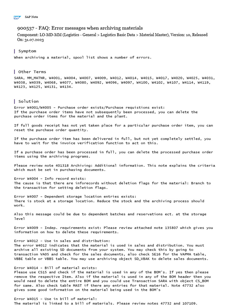 OSS 900537 - Arkiverings Error FAQ - Error Messages When Archiving Materials | PDF | Valuation ...